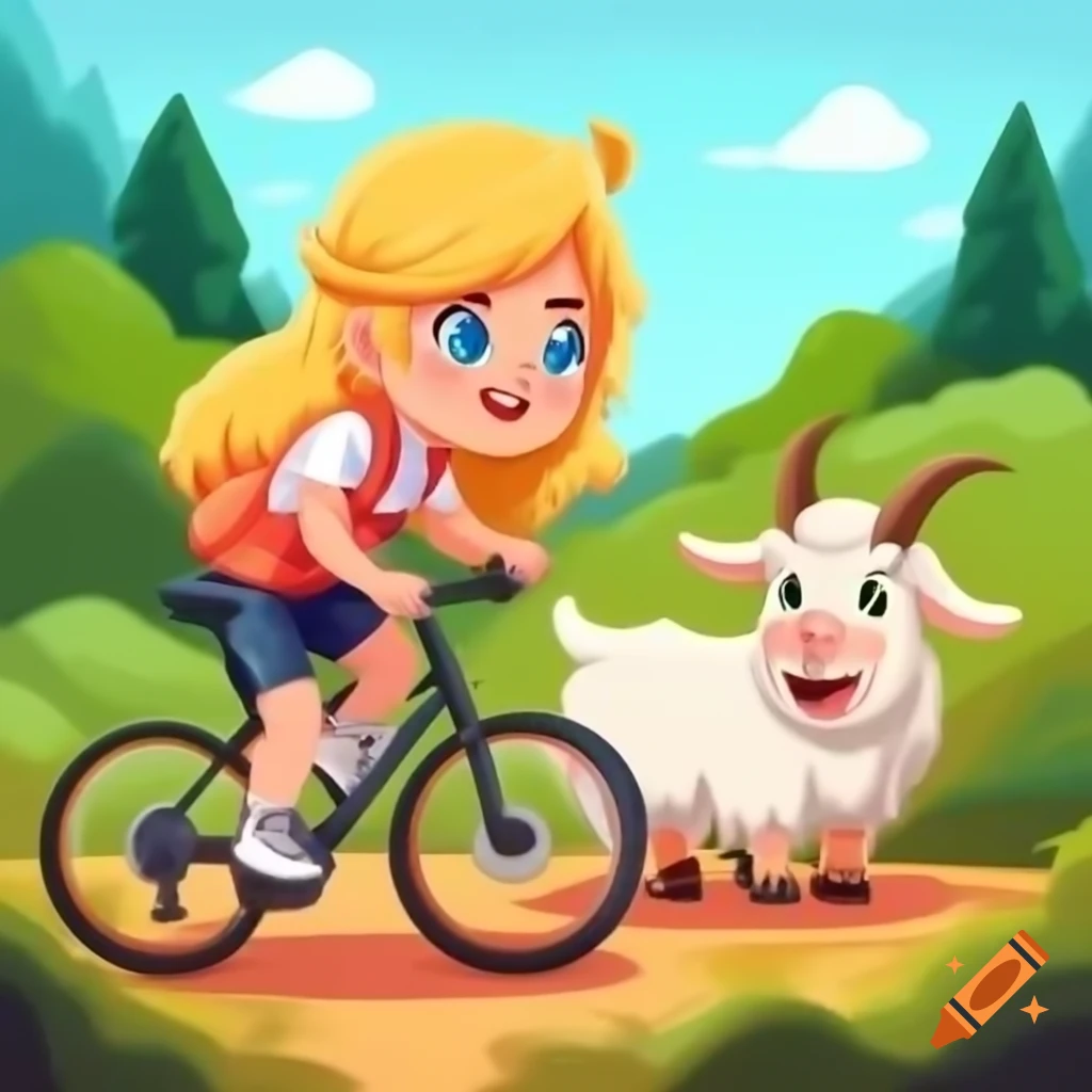 Blonde cyclist on trail with goat mascot creating a sense of ...