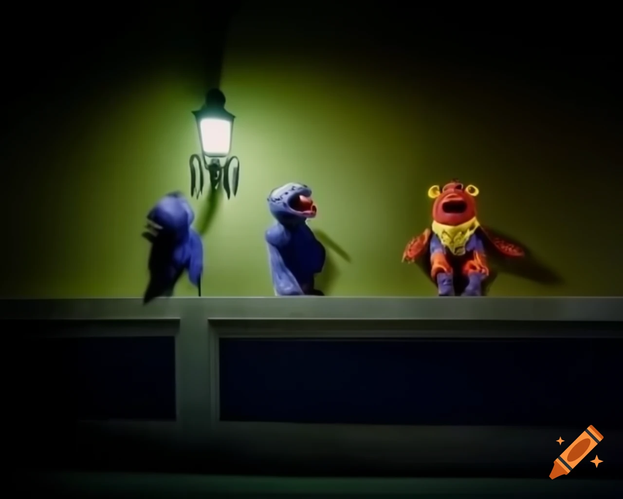 Ornate muppet pig figures performing theatrics in bright light on wall ...