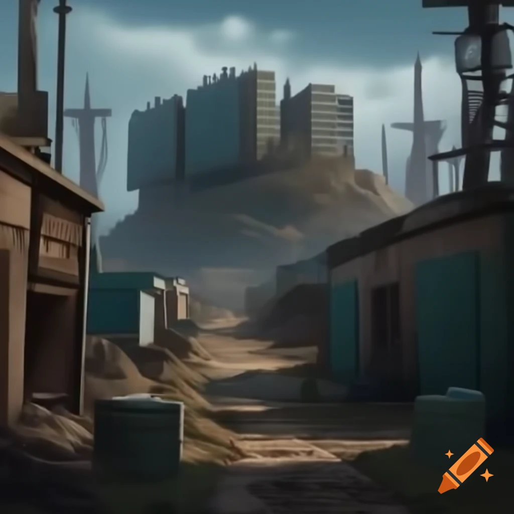 Cargo container fortification on hill in post-apocalyptic suburban ...