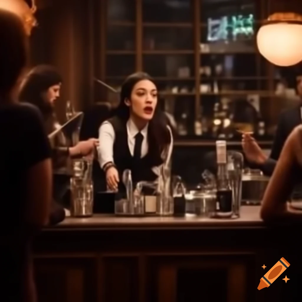 Bar scene featuring AOC as a bartender with motivational banner on Craiyon