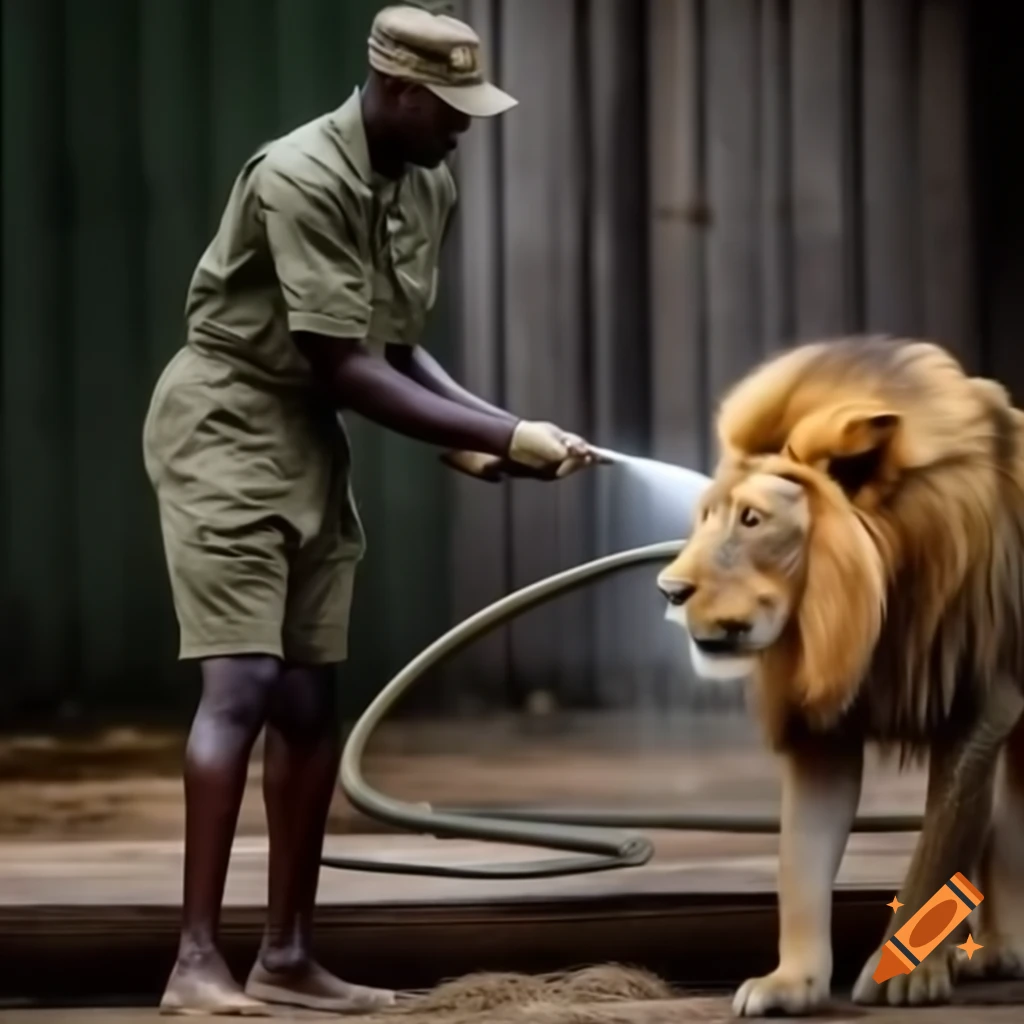 Zookeeper spraying lion with hose to keep it cool in summer sun on Craiyon
