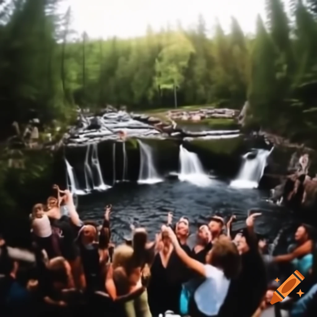 Group of people enjoying a fun party near waterfalls in Quebec forest ...