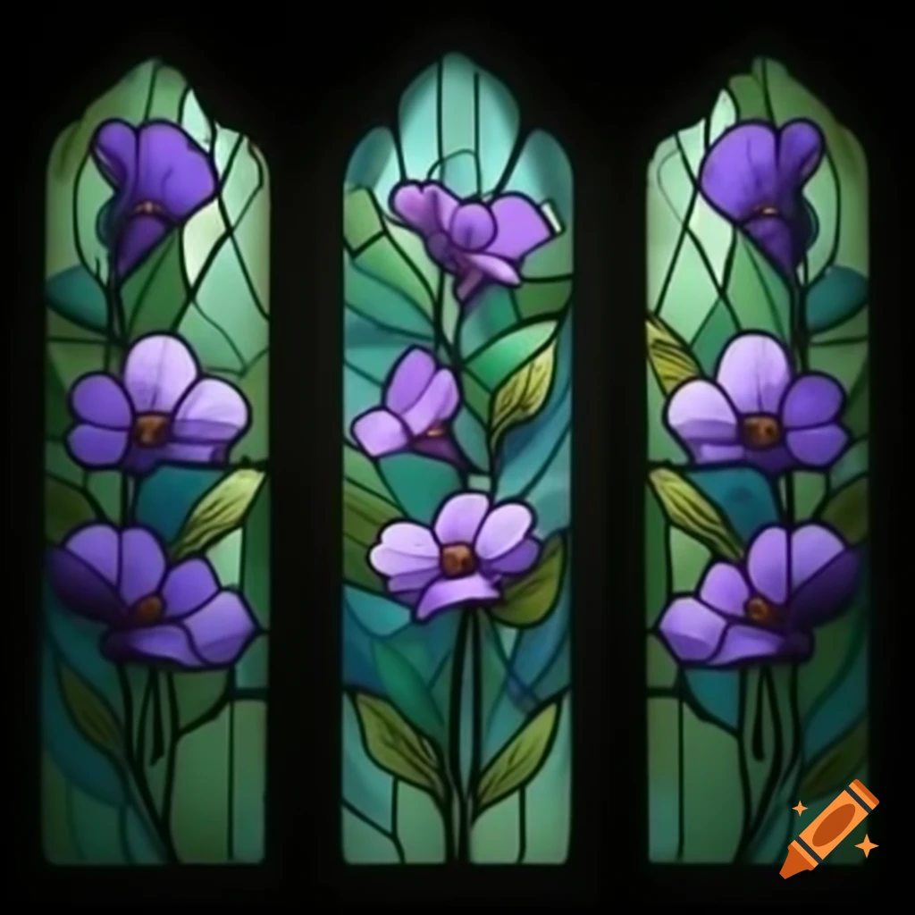Violet flowers and three rectangular stained glass windows in art deco ...