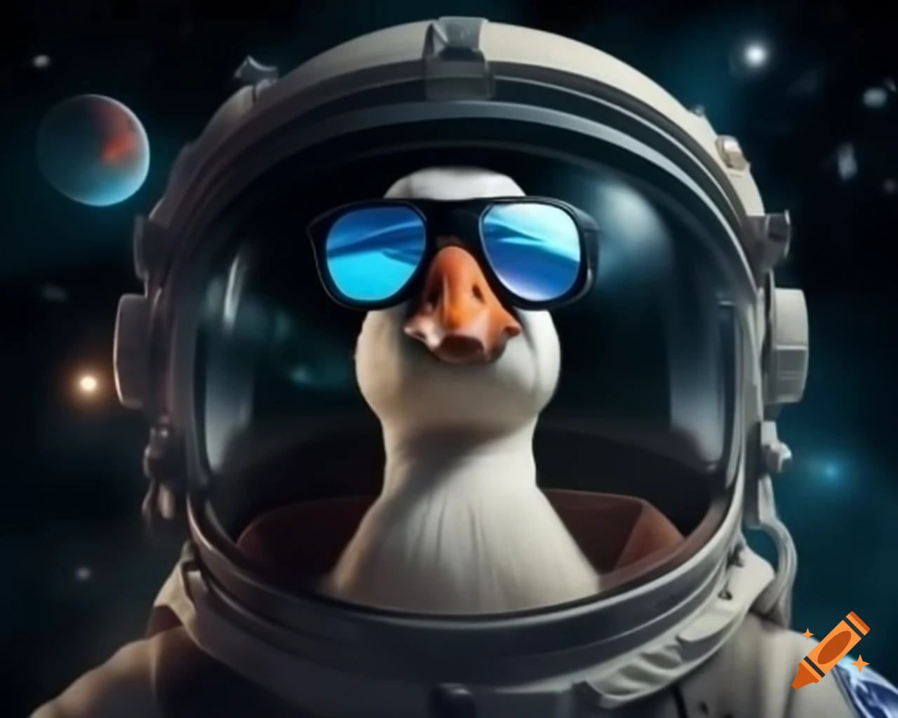 Epic goose in space wearing sunglasses and holding phone on Craiyon
