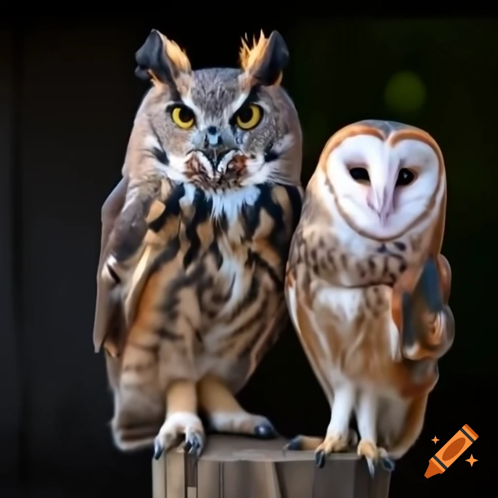 Screech owl, great horned owl, and barn owl standing together on Craiyon