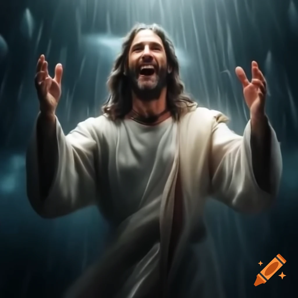 Jesus dancing joyfully in the rain under soft morning light on Craiyon