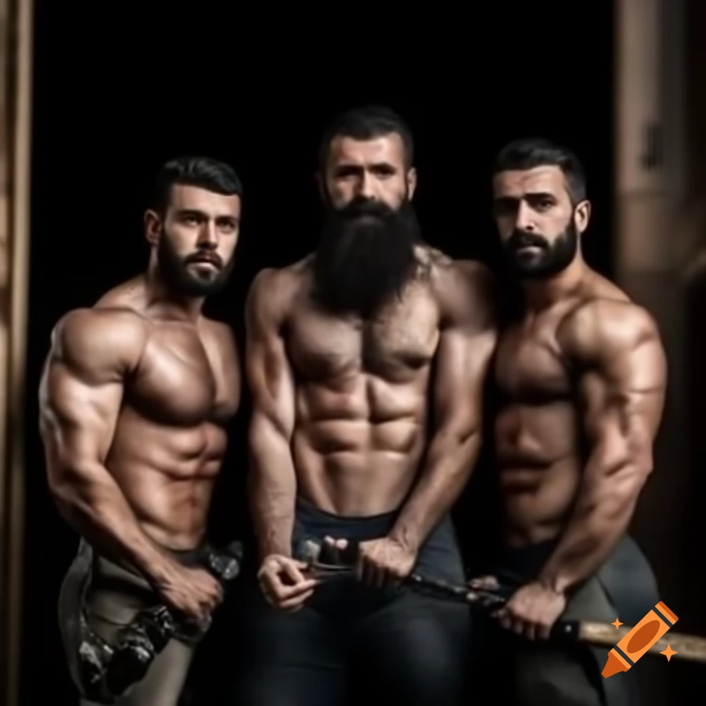 Three cheerful young Turkish workers at construction site, showcasing ...