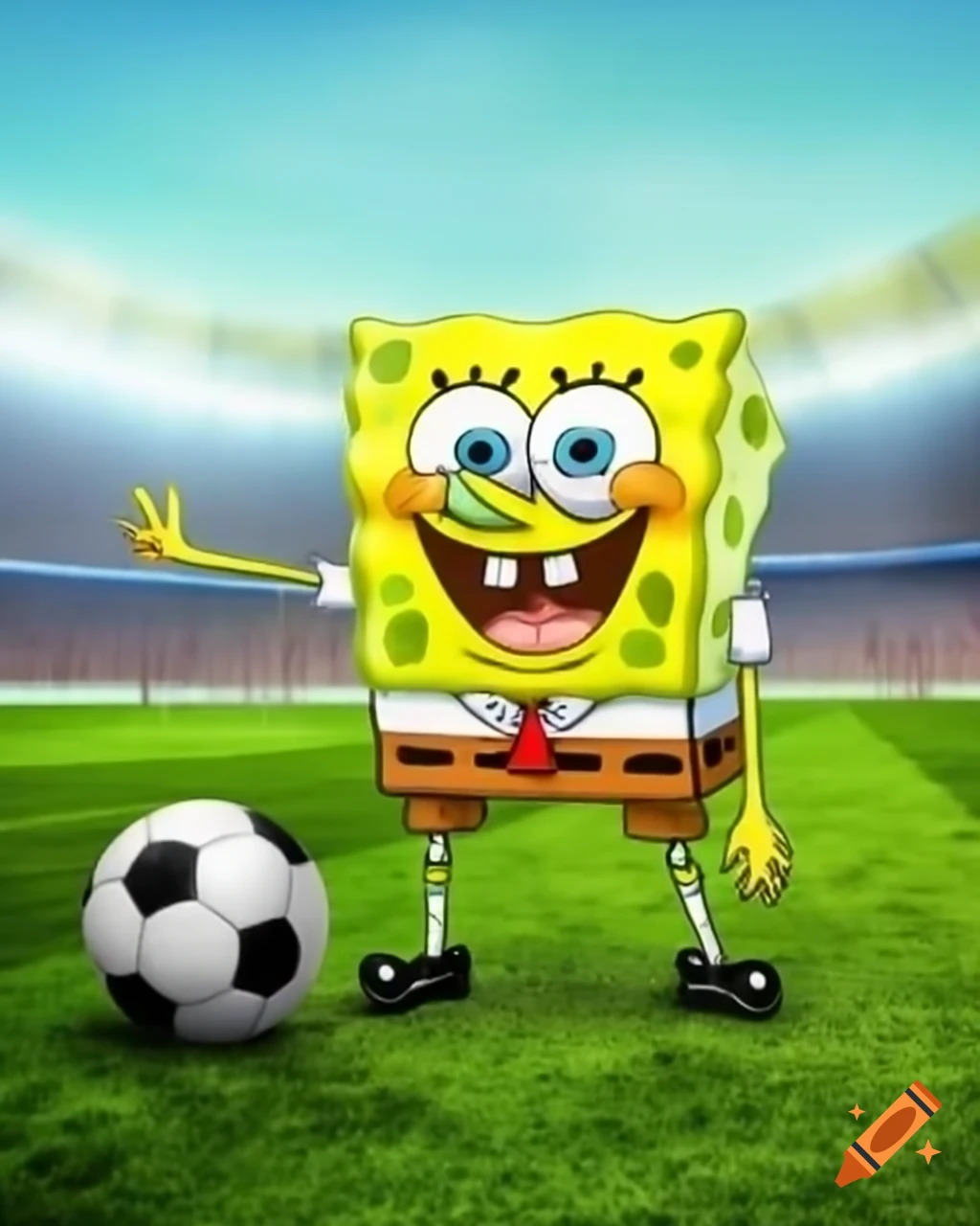 SpongeBob SquarePants kicking soccer ball on soccer field on Craiyon