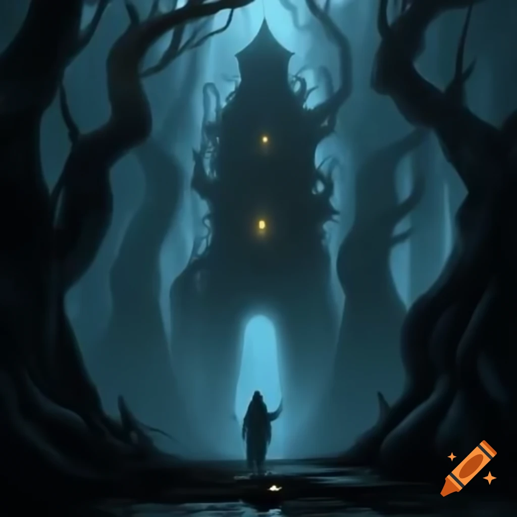 Mysterious scene with shadowy figure at foggy forest edge at night on ...