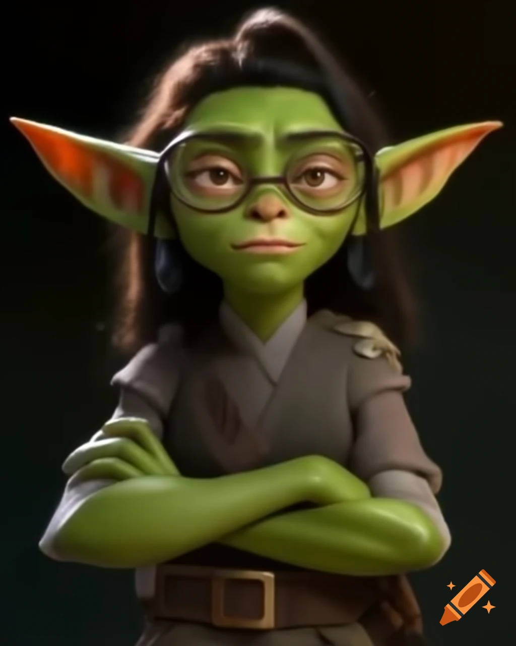 Young green-skinned goblin woman in glasses posing on Craiyon