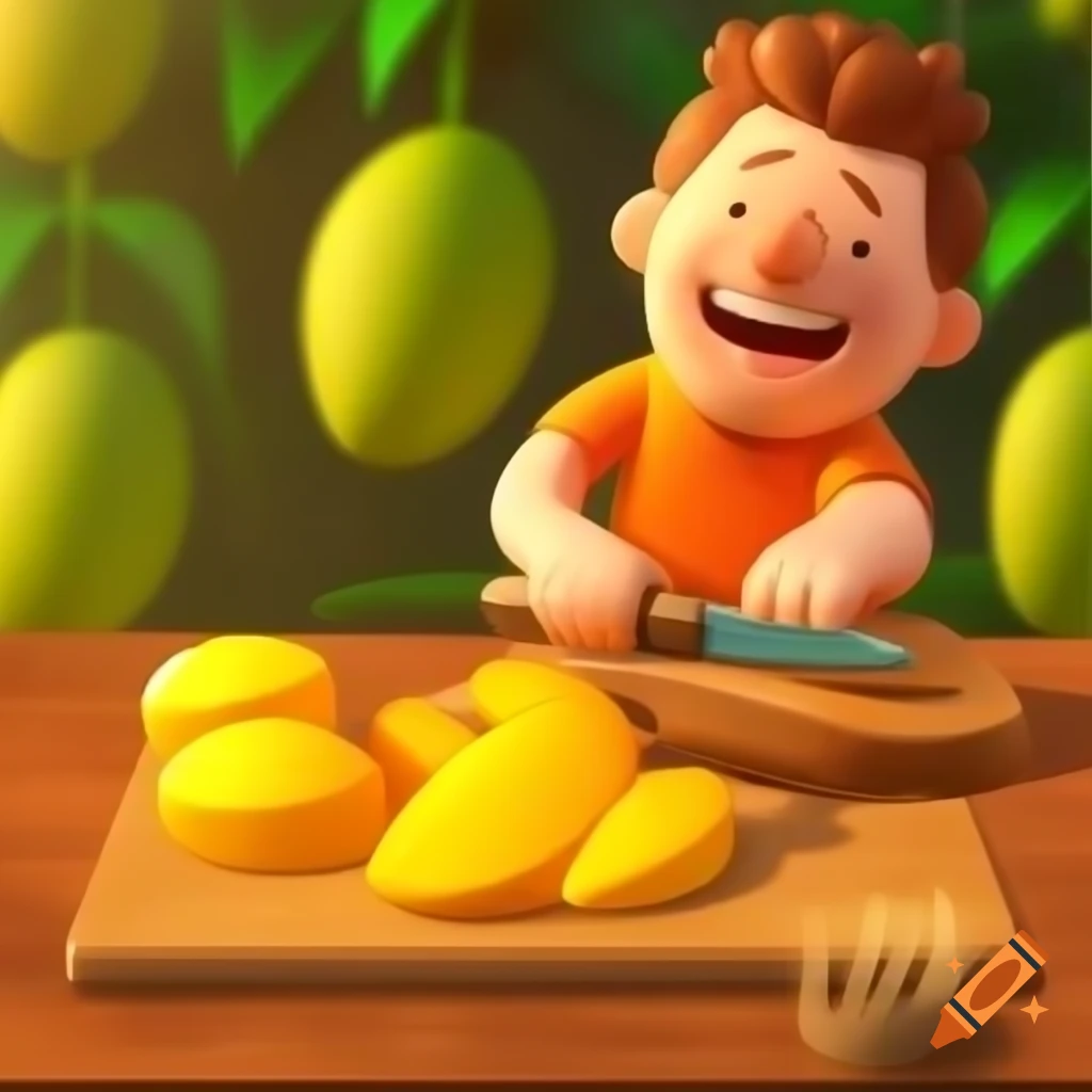 Cheerful cartoon character cutting raw mangoes on wooden chopping board ...