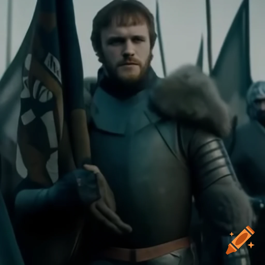 Karstark in Game of Thrones armor with family army and flag on Craiyon