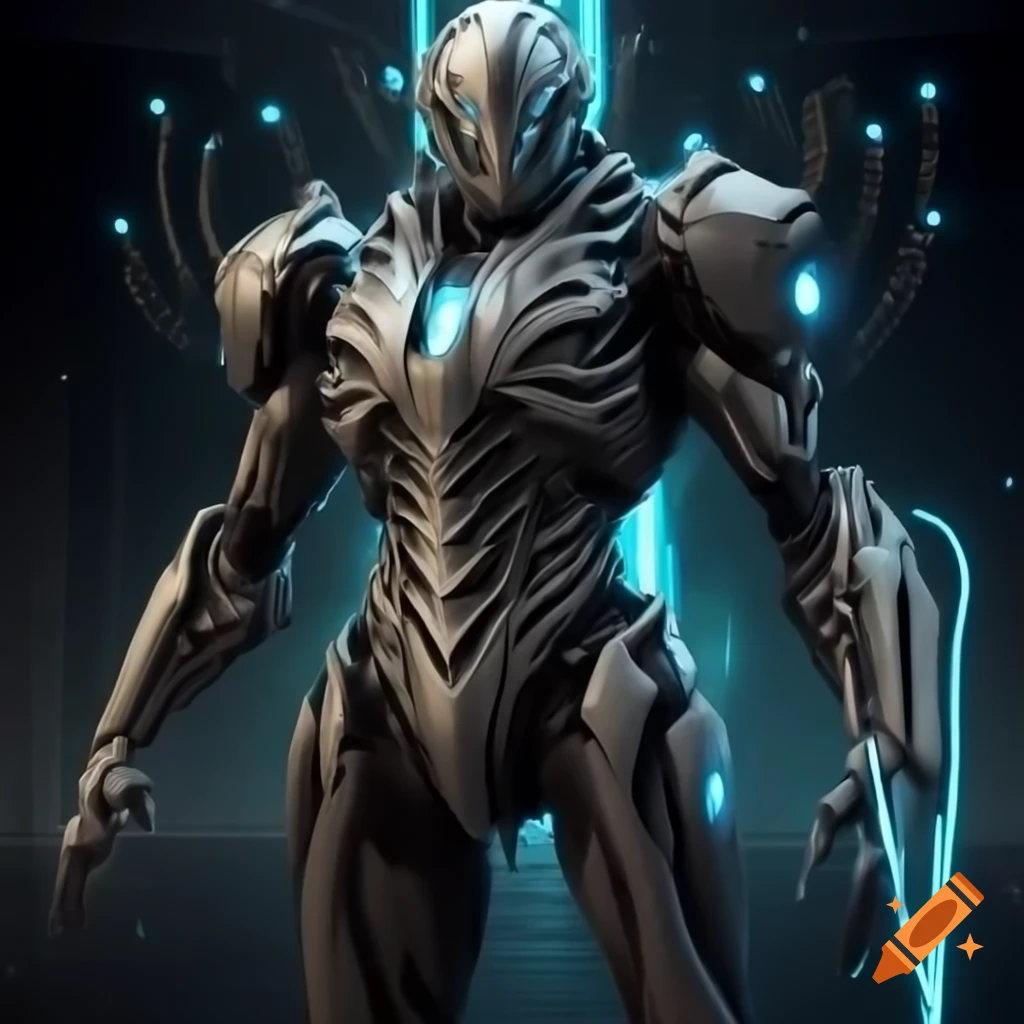 Biomechanical humanoid in silver armor with glowing blue lines in zero ...