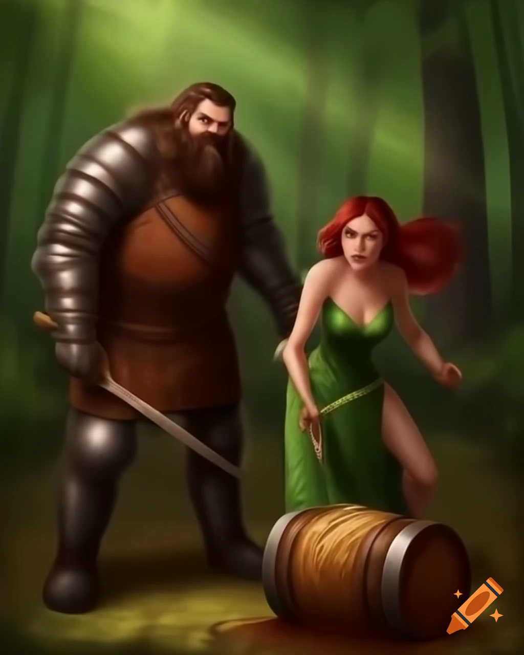 Bearded guard and angry woman burying treasure chest in woods on Craiyon