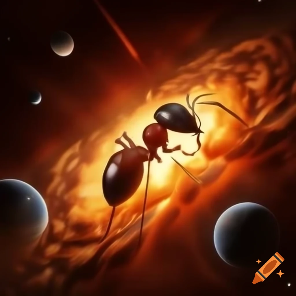 Ant on planet with star, peacefully eating pizza pieces on Craiyon