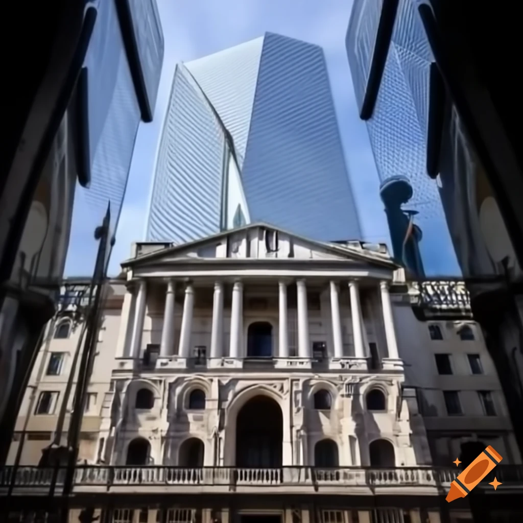 Aerial view of Bank of England with needle-shaped glass skyscraper on ...