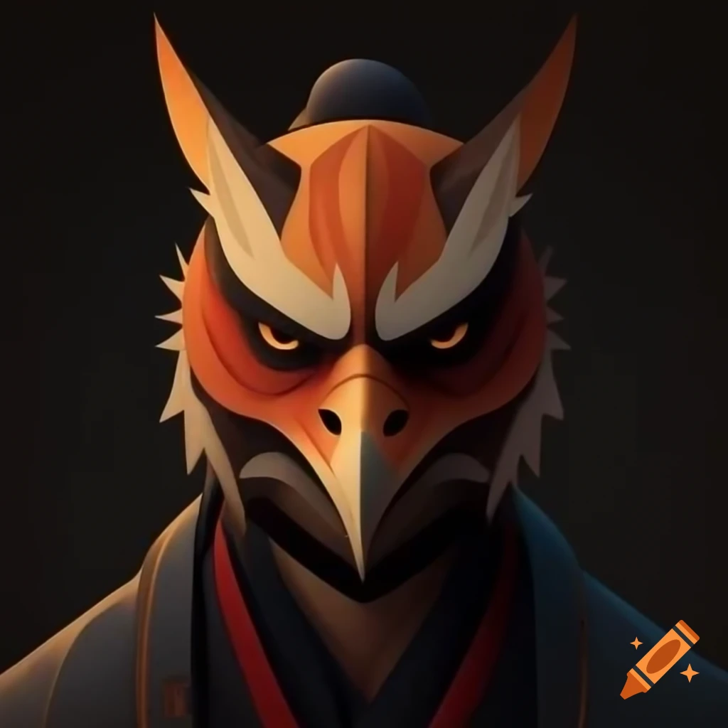 Asian man in wooden hawk mask with dark theme on Craiyon