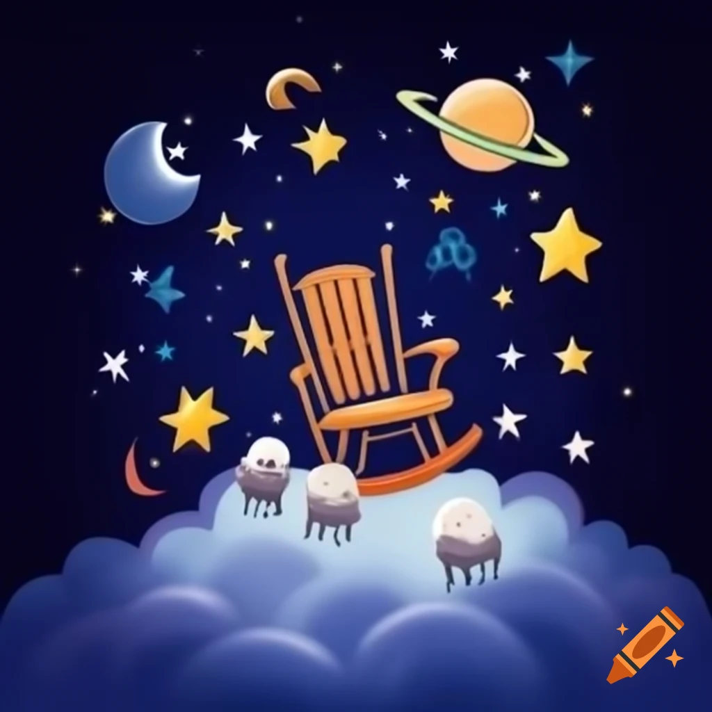 Tattoo-style cartoon of rocking chair on cloud with stars, moons ...