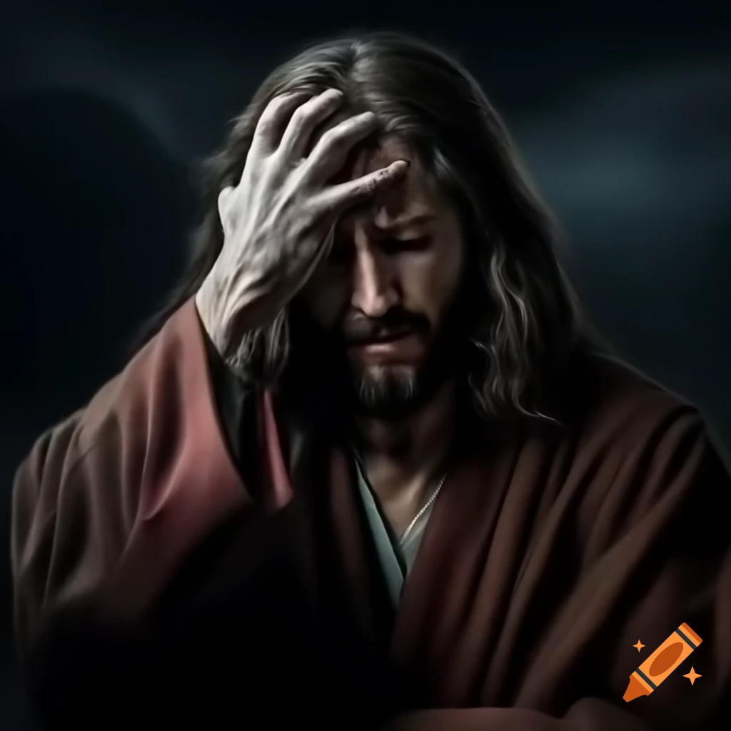 Emotional portrayal of Jesus in darkness, tears of agony on Craiyon