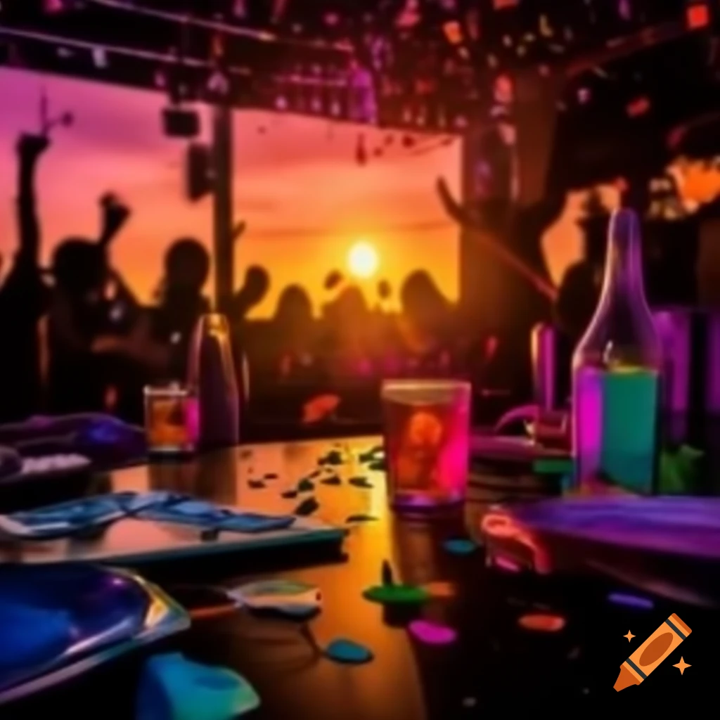Vibrant sunset bar in Thailand with neon lights and party ambiance on ...