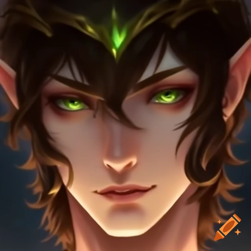 Androgynous Greek male god character with brown hair and green eyes in ...