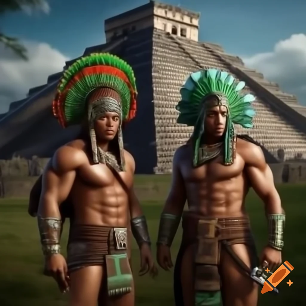 Aztec warriors in traditional attire standing before pyramid on Craiyon