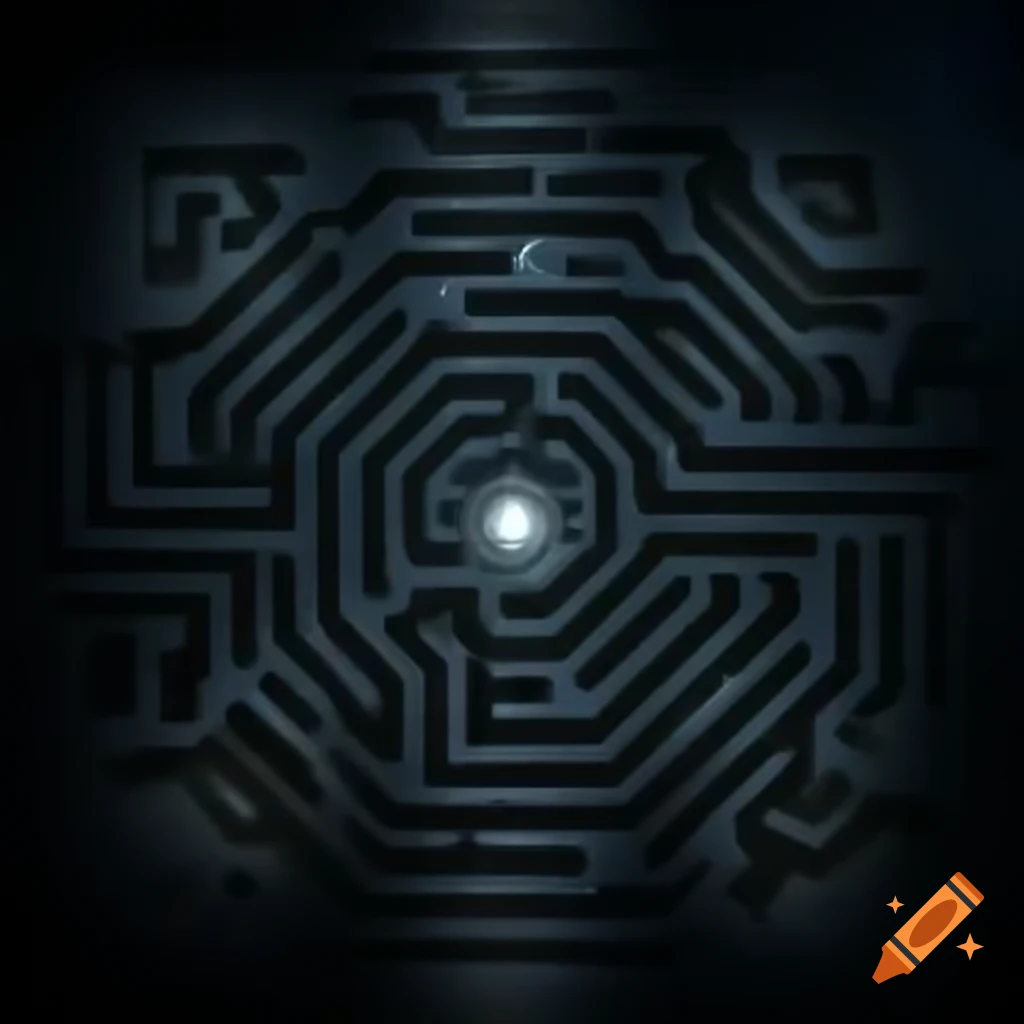Top-down view of dark maze with illuminated dot at center on Craiyon