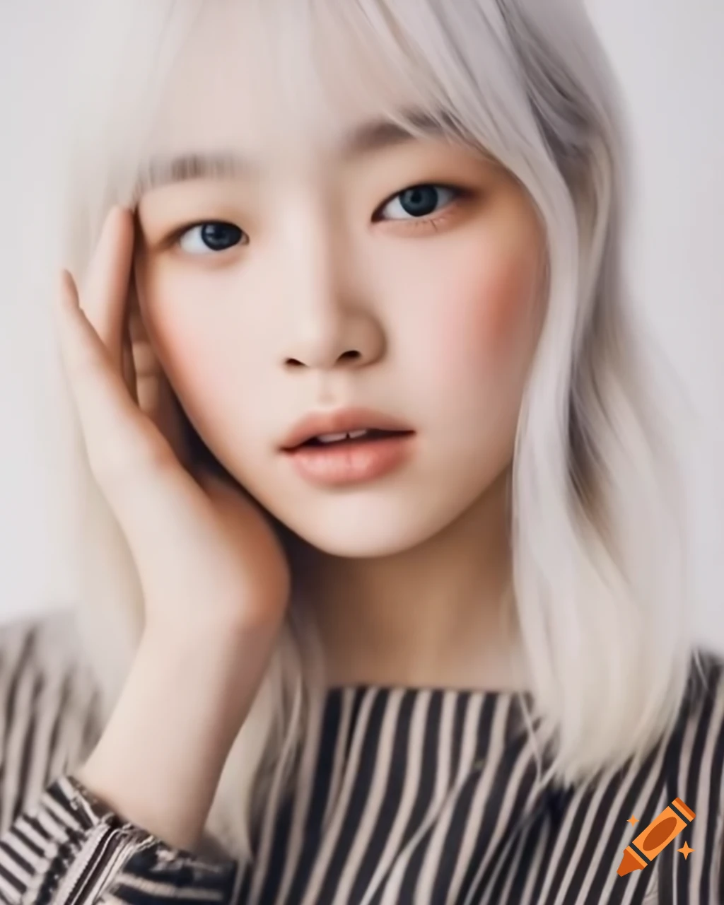 Friendly Asian girl with platinum-blonde hair posing on Craiyon