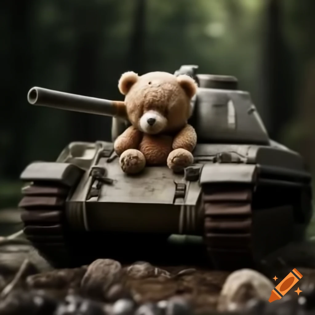 Mean teddy bear on tank in post-apocalyptic zombie landscape on Craiyon