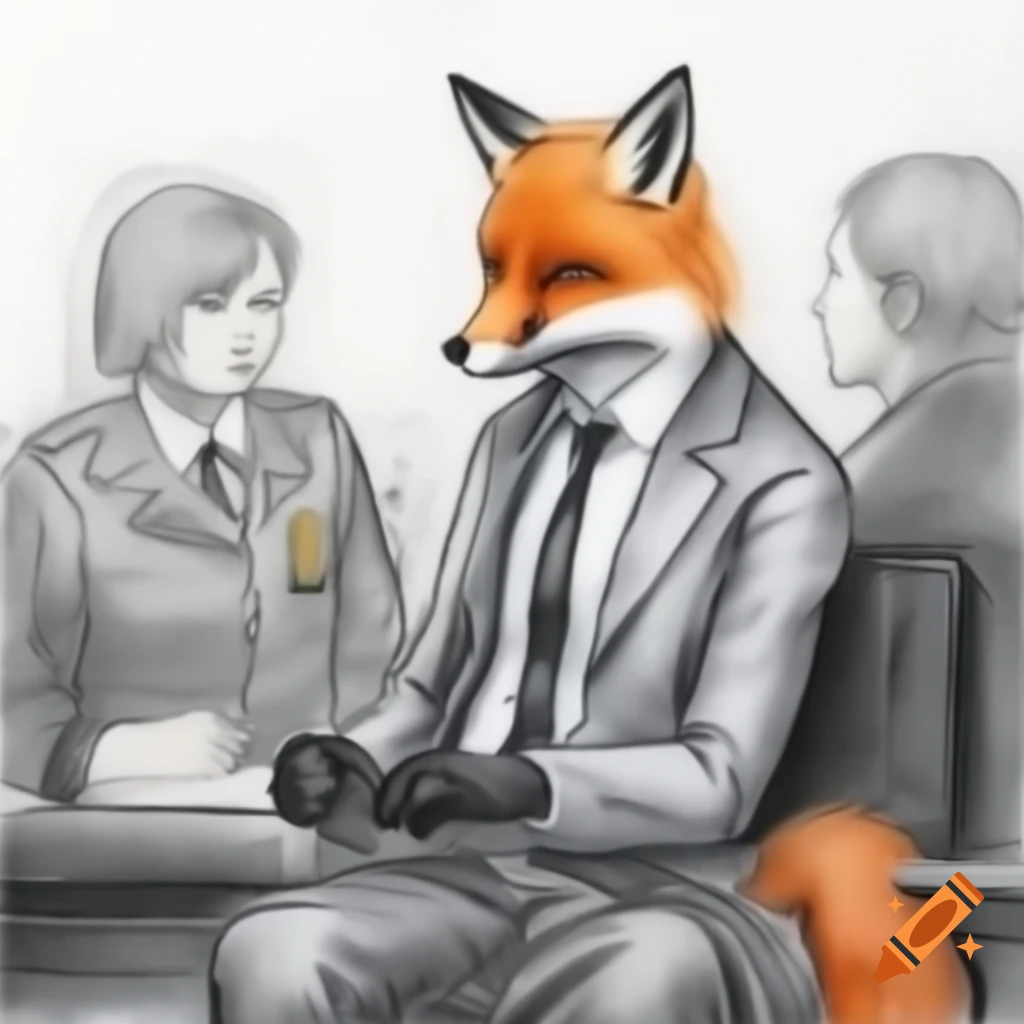 Charcoal drawing of fox character in suit at courtroom on Craiyon