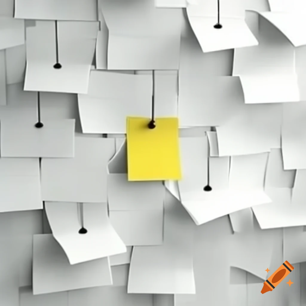 Minimalist office wall with yellow Post-it note among white notes in ...