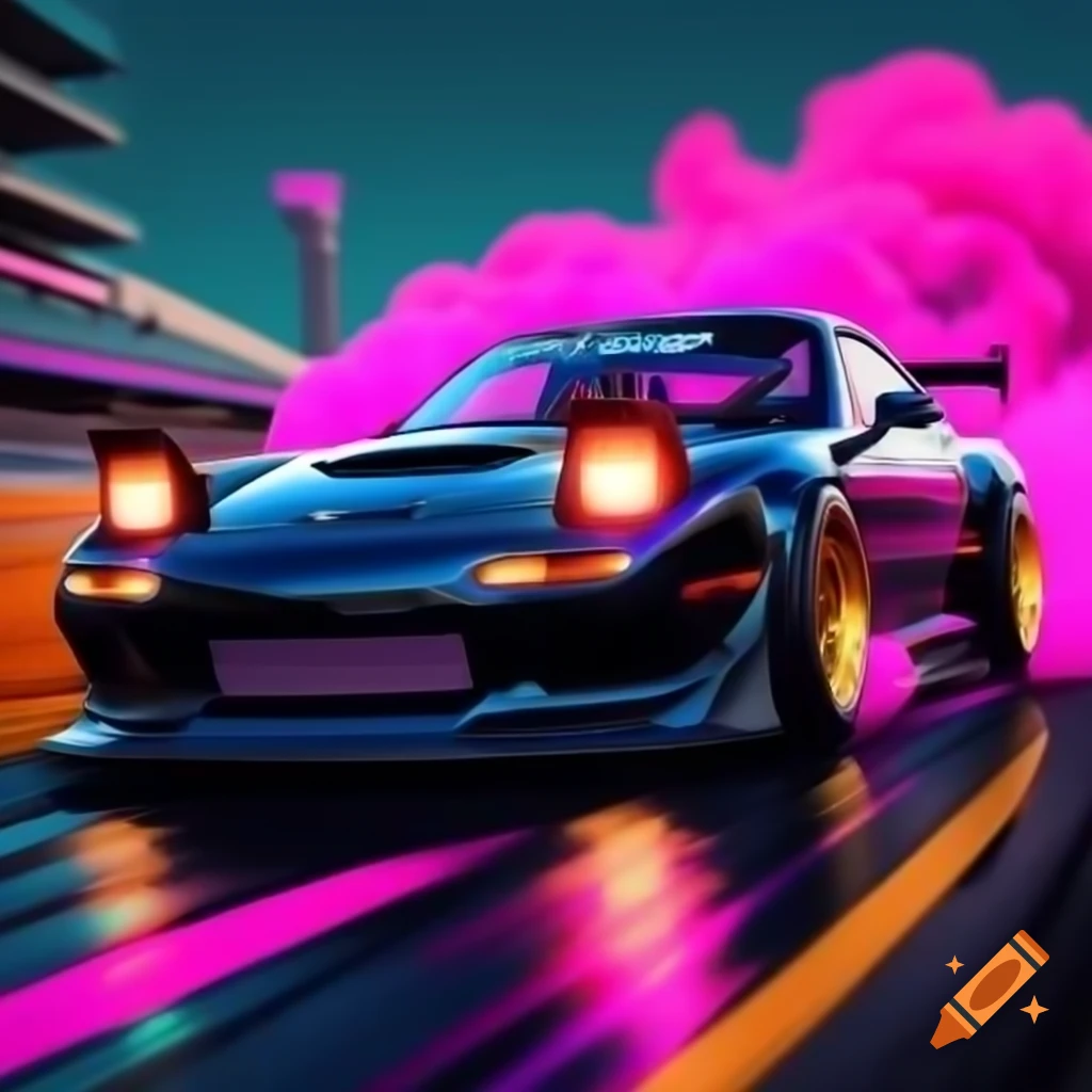 Stylized illustration of pink Mazda RX-7 drifting on abstract racetrack ...