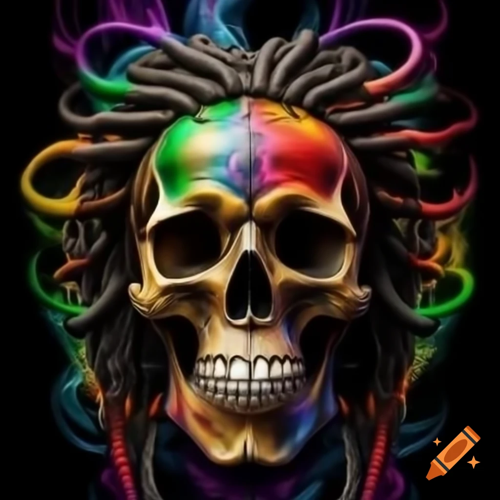 Colorful dreadlocked skull with vibrant reggae energy on Craiyon