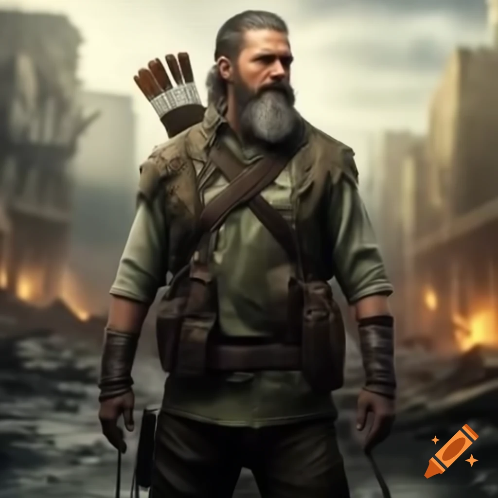 Bow hunter in post-apocalyptic city with quiver and hunting suit on Craiyon