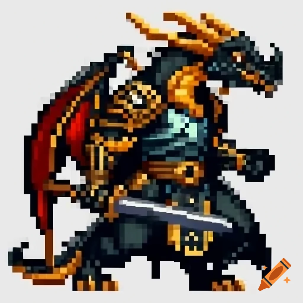 Pixel art of RPG dragon boss with sword and shield in various movements ...