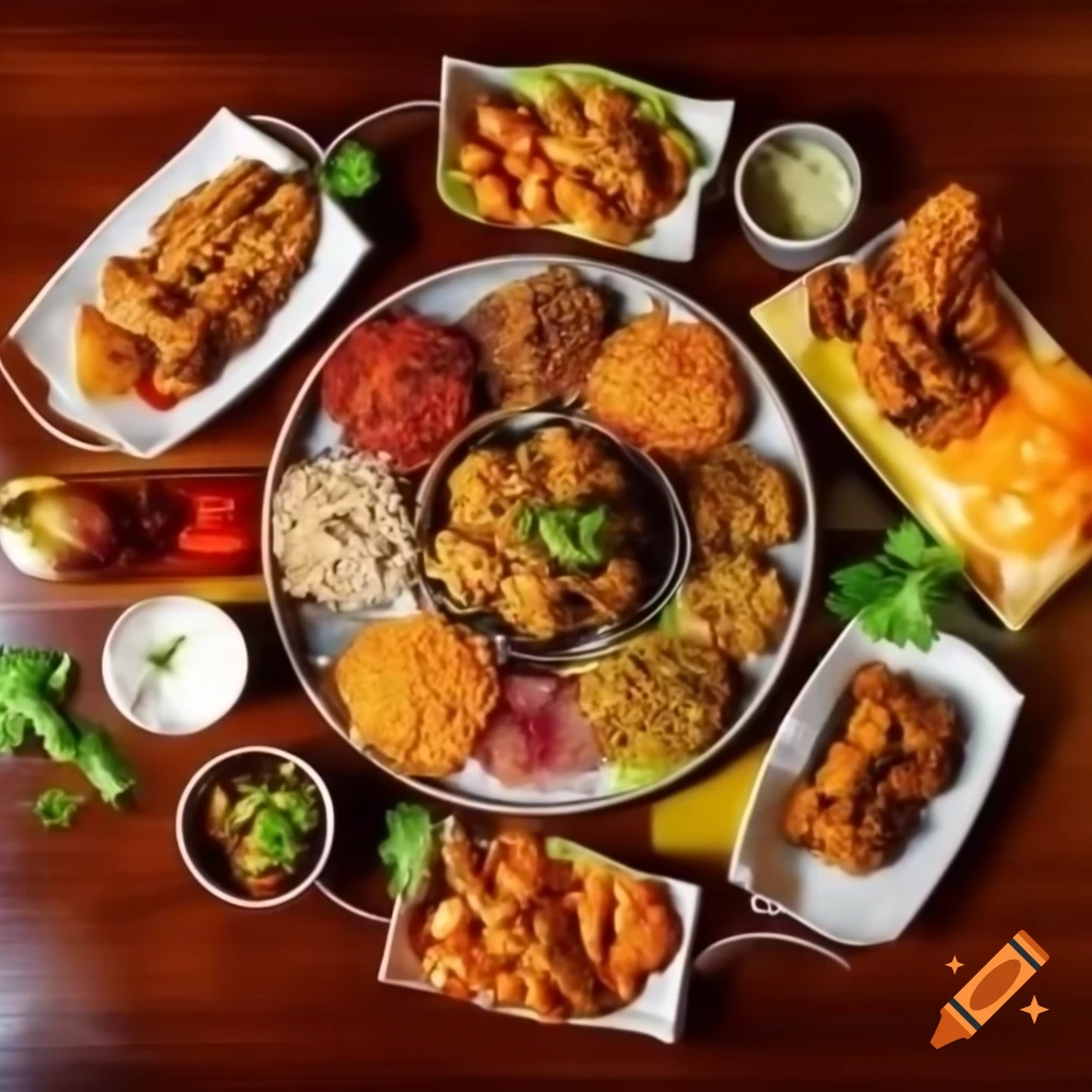 Nepali-style platter with chicken dishes and mo:mo on wooden table on ...
