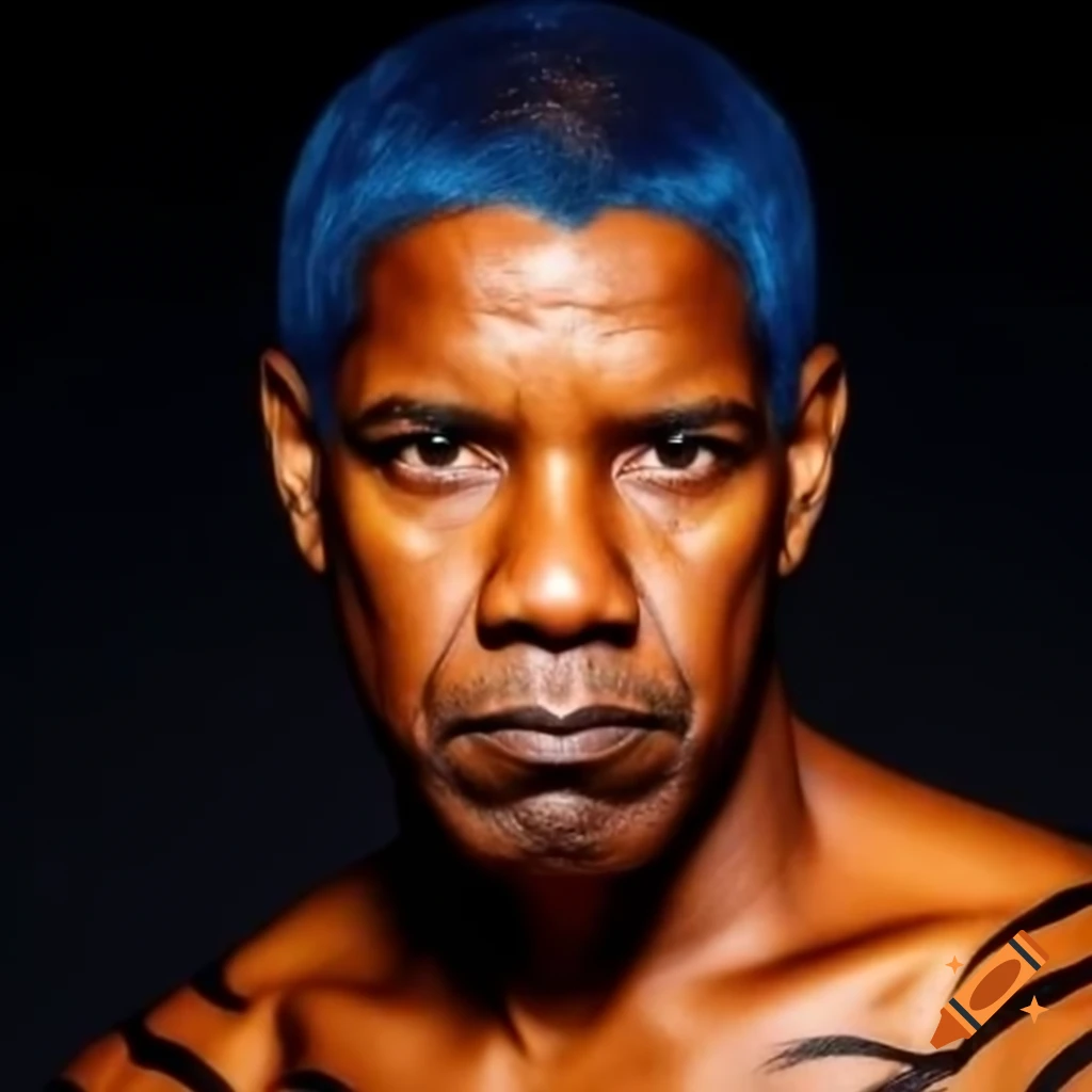 Muscular man with tiger-style makeup featuring blue hair, orange skin ...