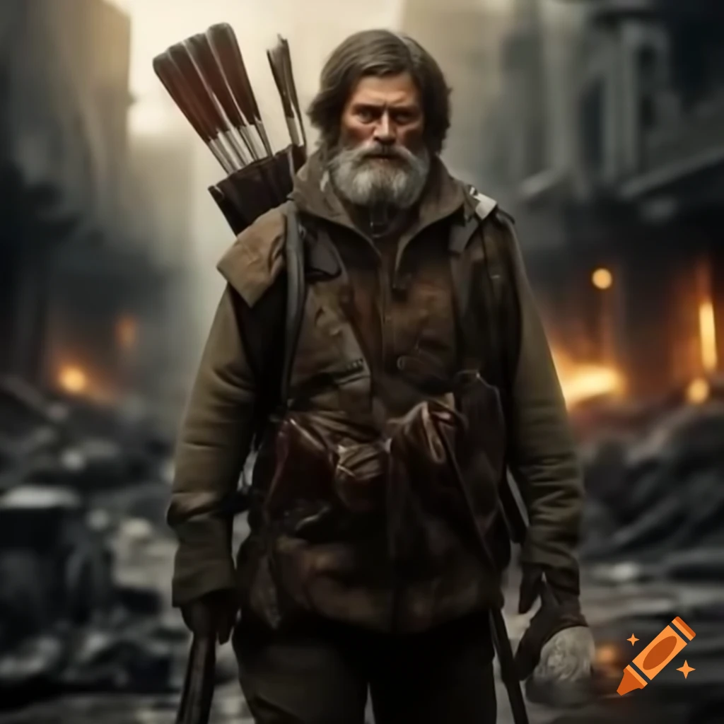 Survivor with bow and quiver in post-apocalyptic city on Craiyon