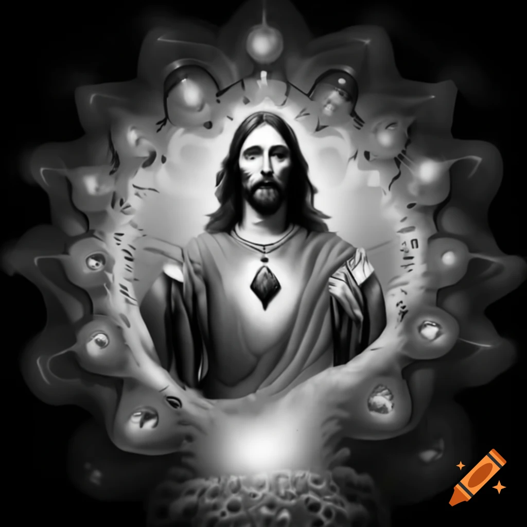 Satirical French cartoon of Jesus as a fractal being in a vortex of ...