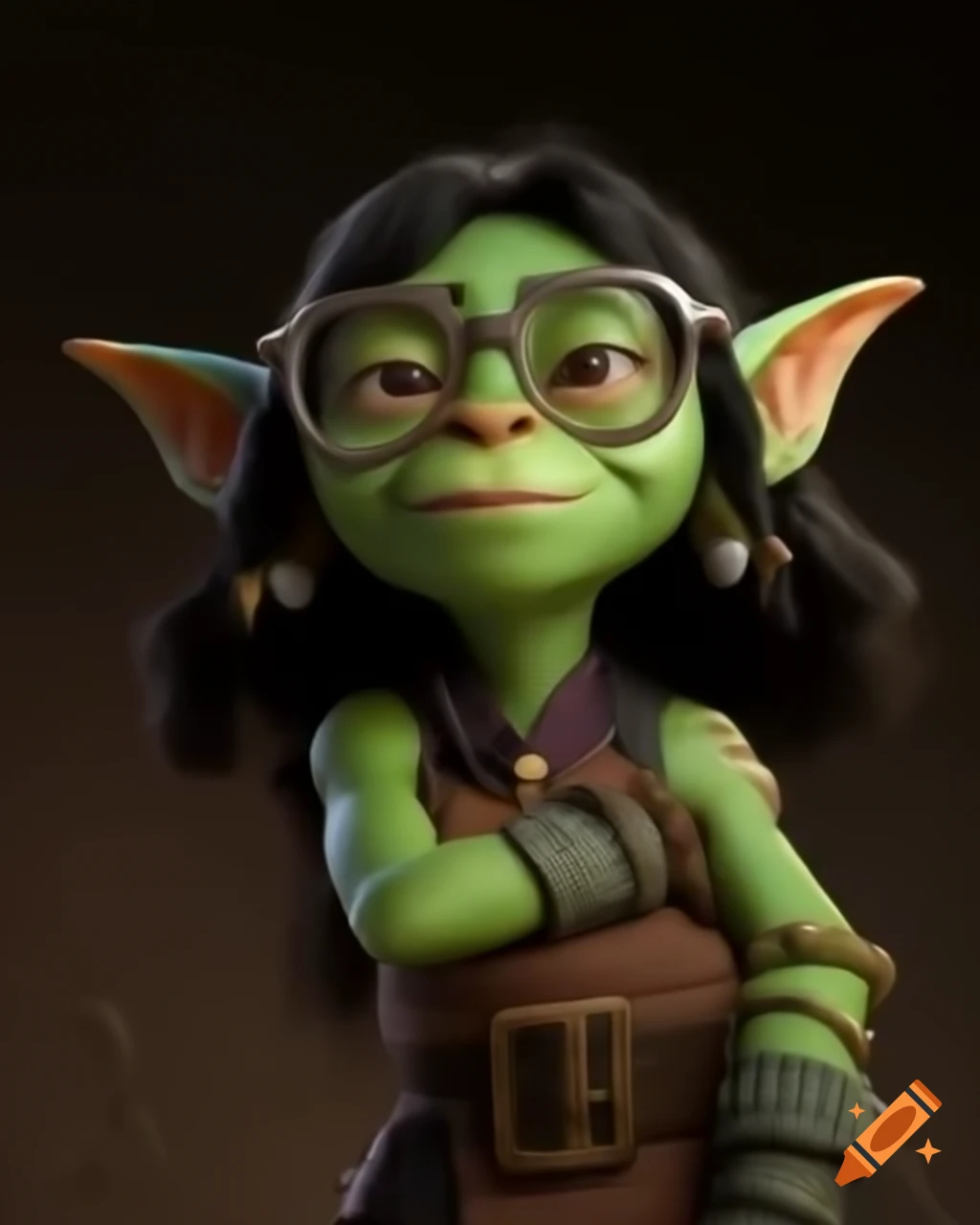 Friendly green-skinned goblin girl in glasses posing, anime style on ...