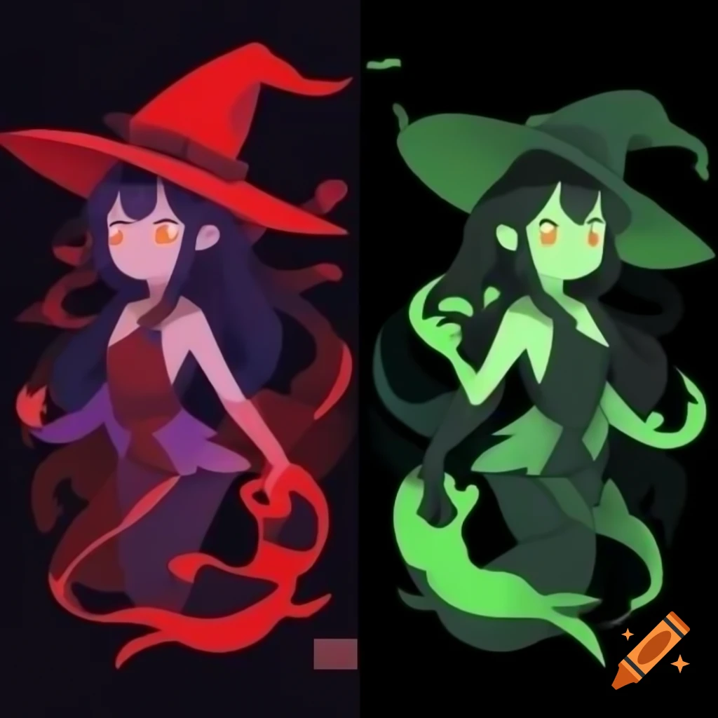 Red and green witches casting spells collaboratively on Craiyon