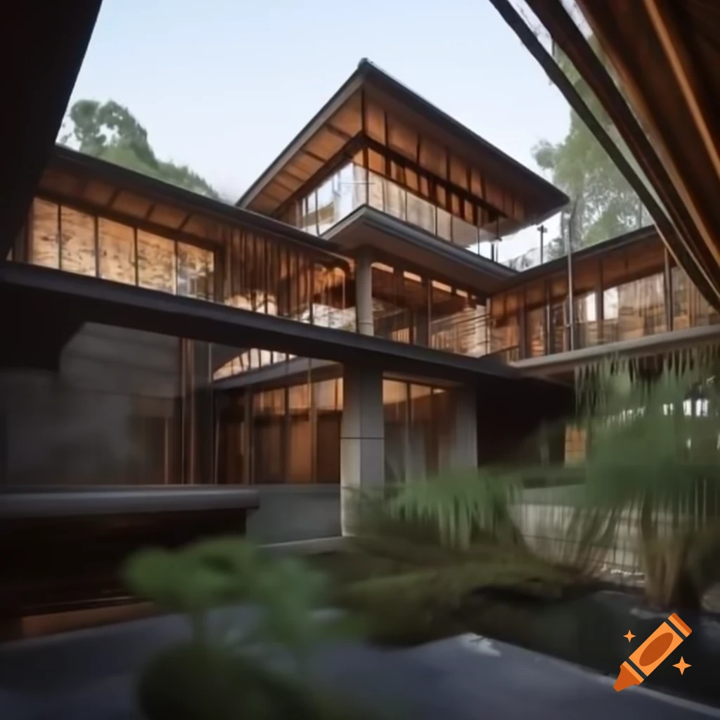 Modern luxury fortress house built into mountain, surrounded by bamboo ...