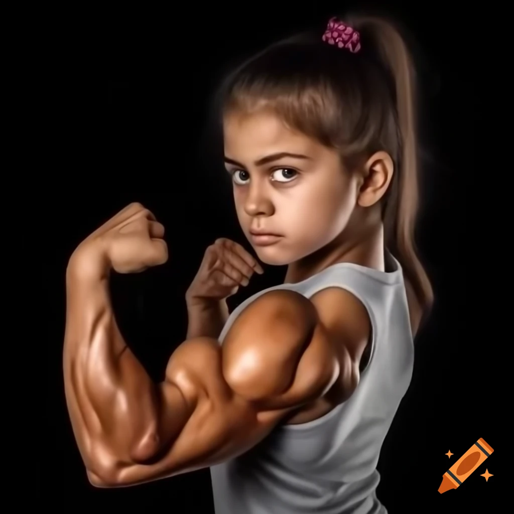 Child bodybuilder playfully flexing muscles with a fierce grin on Craiyon