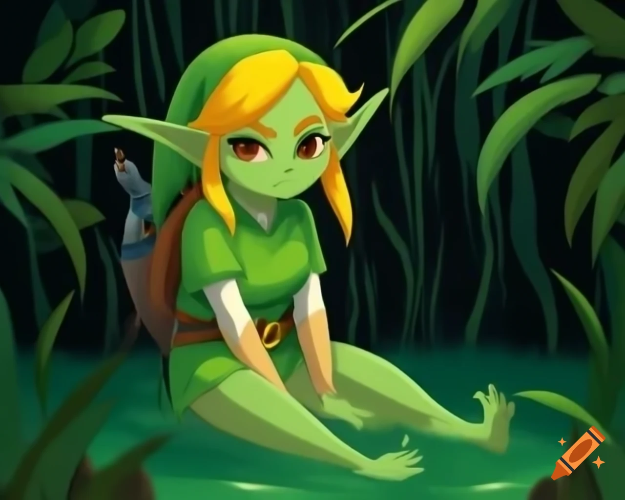Playful green-skinned goblin girl seated in swamp jungle on Craiyon