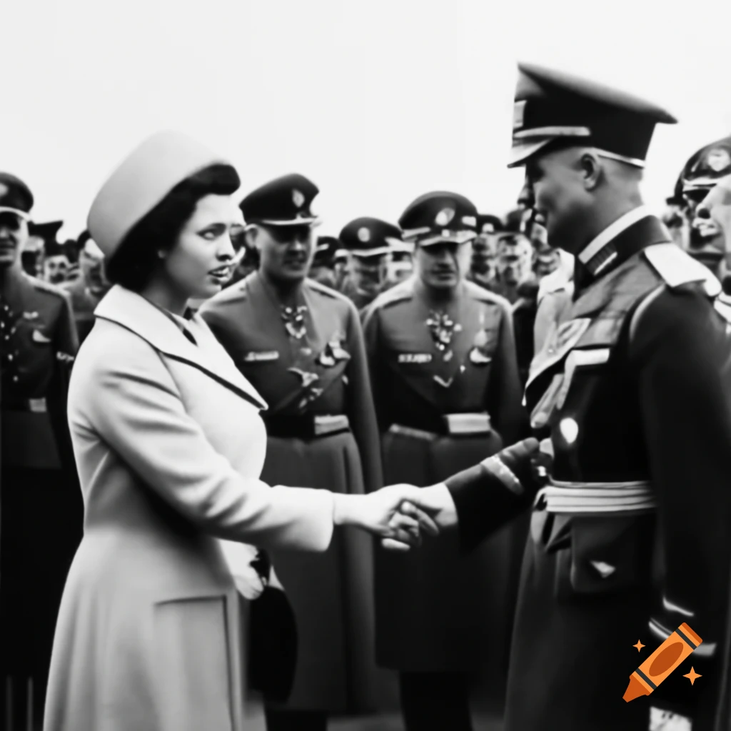 Historical scene with a young Queen Elizabeth shaking hands with an ...