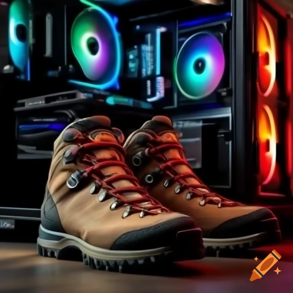 Hiking boots next to a desktop PC case on Craiyon
