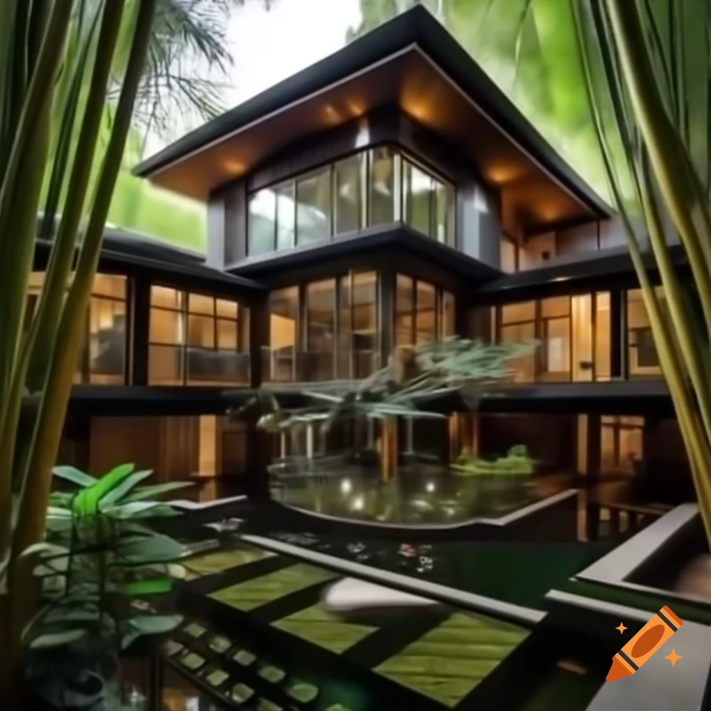 Three-story mansion hidden in jungle with bamboo trees, luxury fortress ...