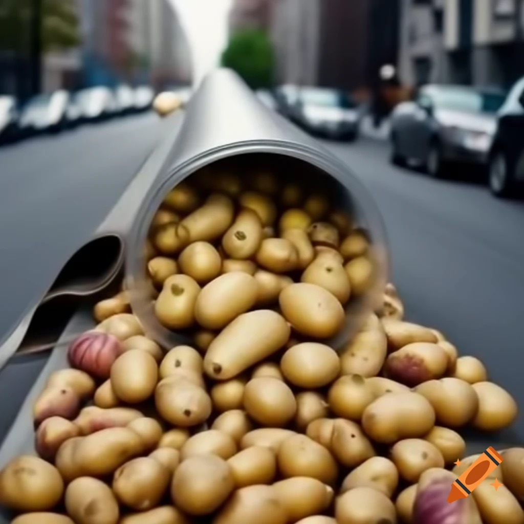 Transparent pipe transporting potatoes through an urban environment on Craiyon