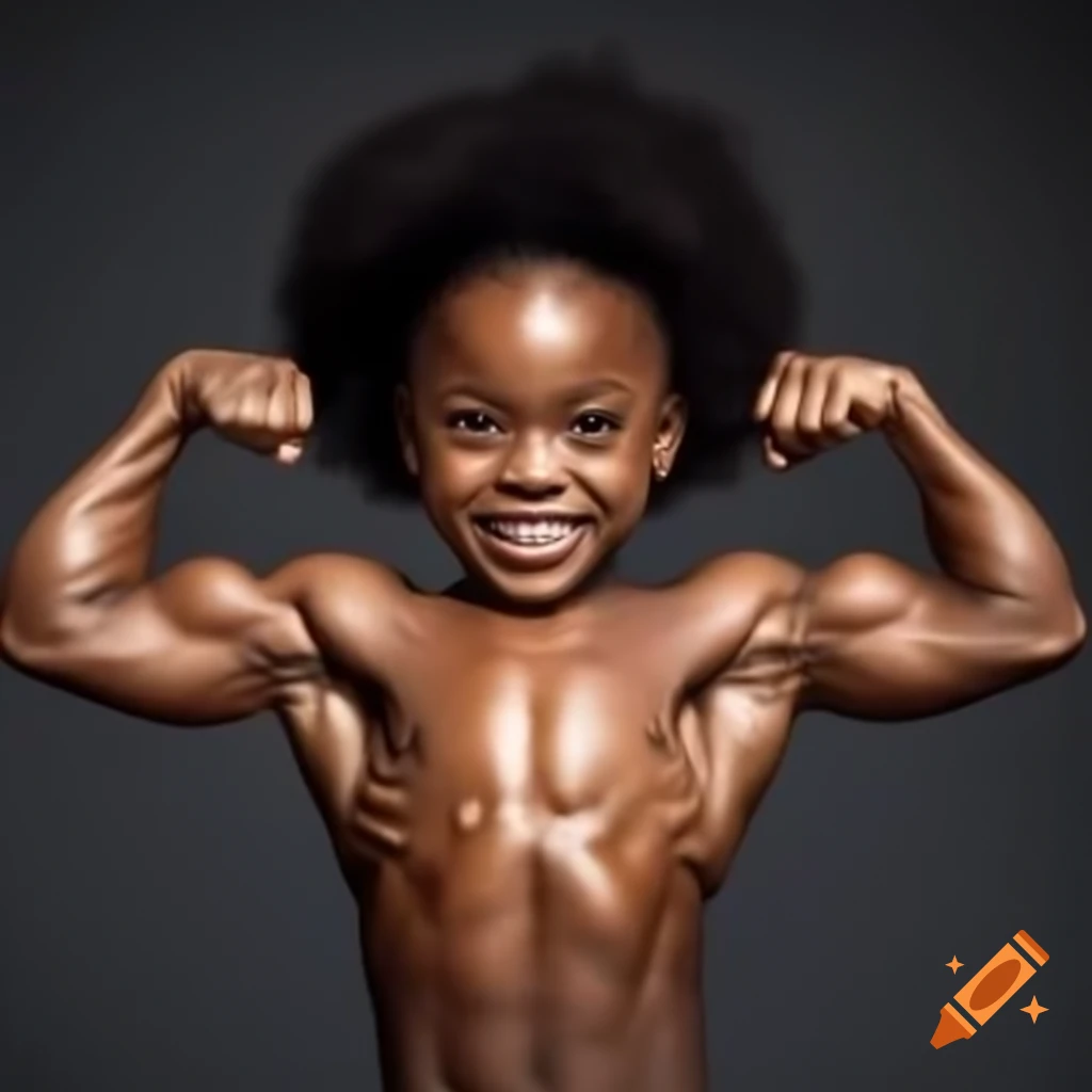 Child bodybuilder playfully posing and flexing muscles with oversized ...