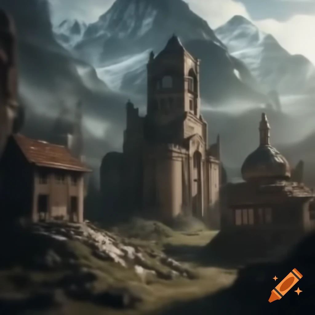 Fantasy monastery with 6 ruined and 3 intact houses in snowy mountains ...